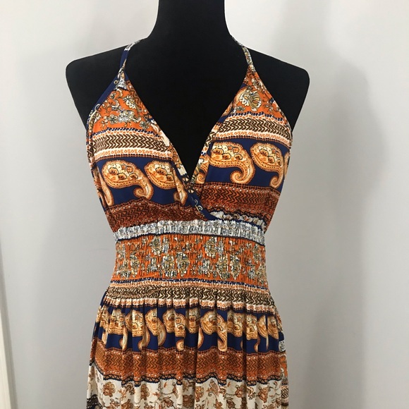 Bobbie Brooks | Dresses | Bobbie Brooks Boho Orange Navy Maxi Dress ...